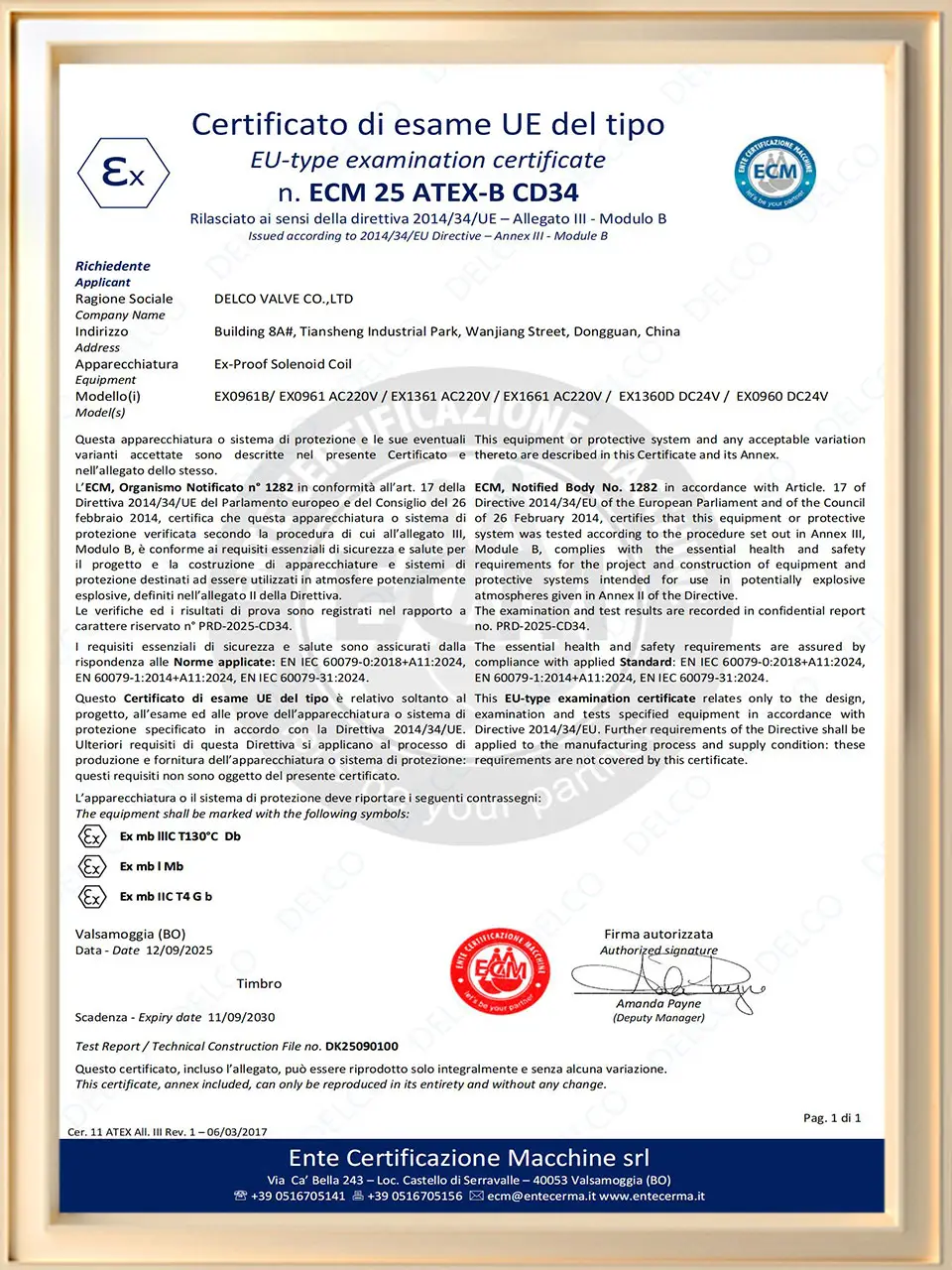 Certificate - DELCO Valve